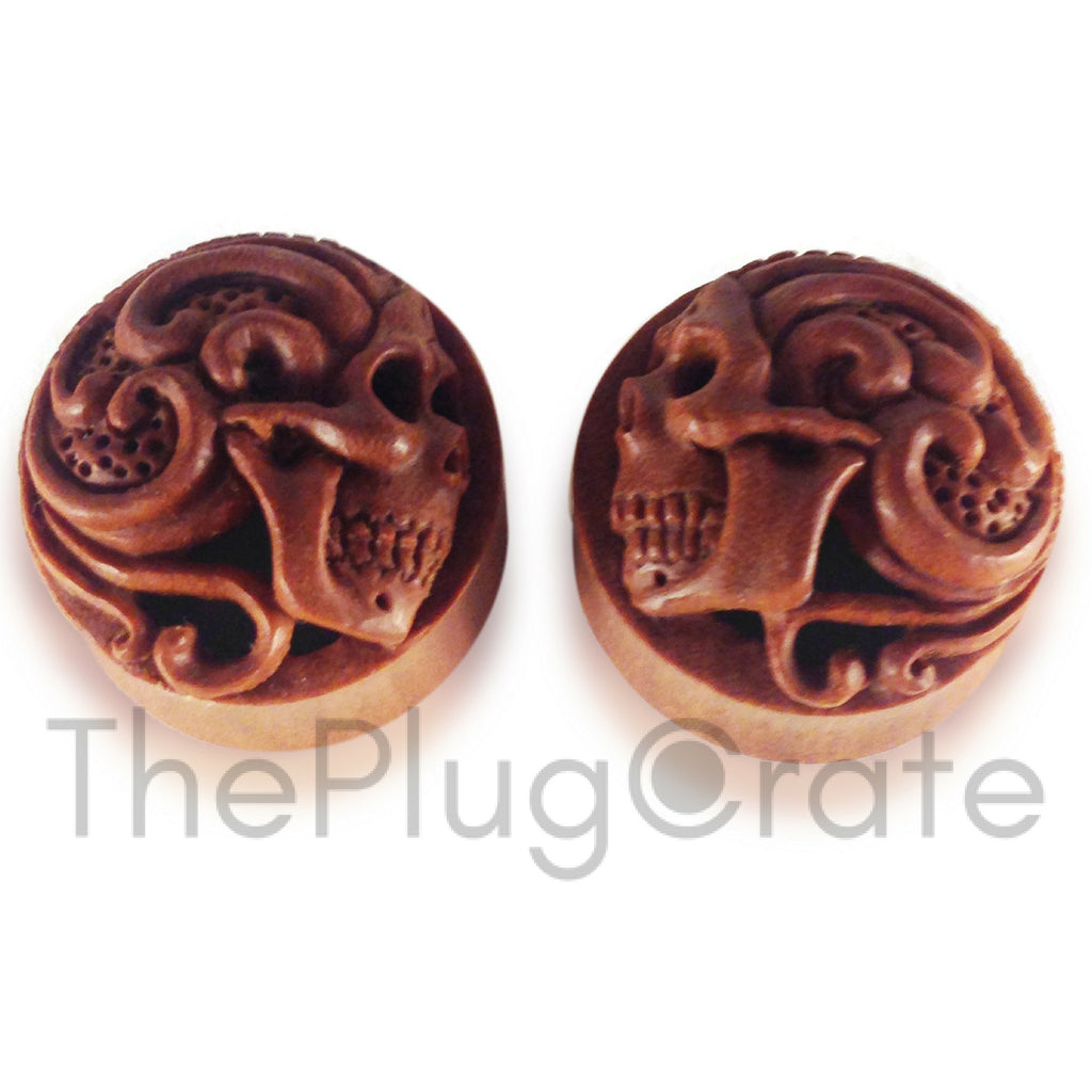 Bali Hand Carved Sugar Skull Plugs on Sawo Wood – ThePlugCrate